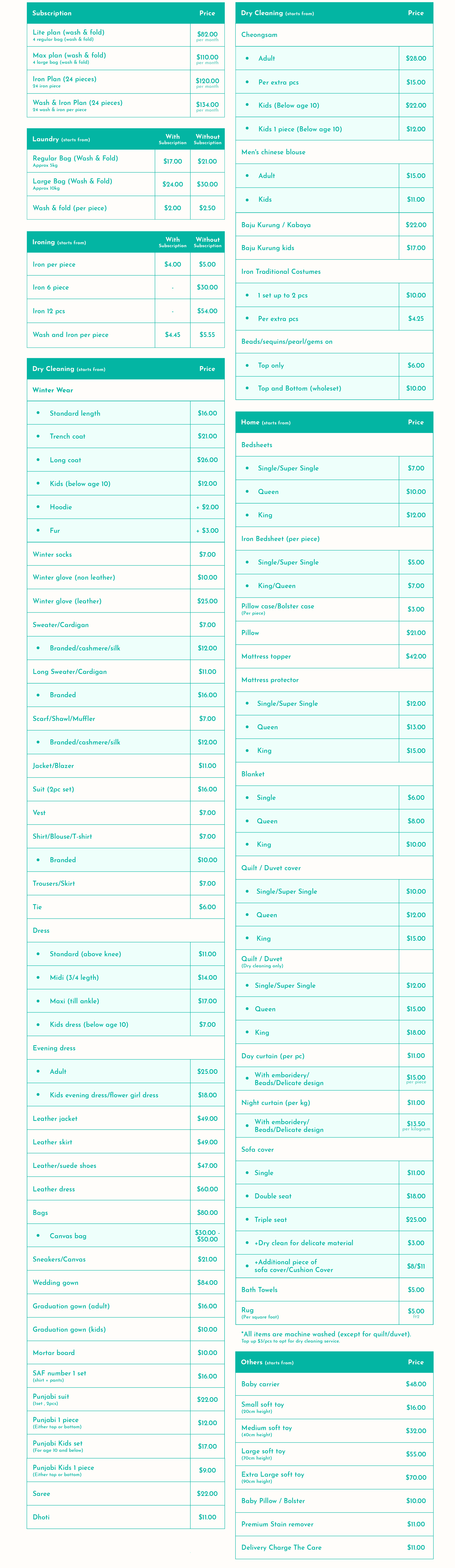 Price List - The Care